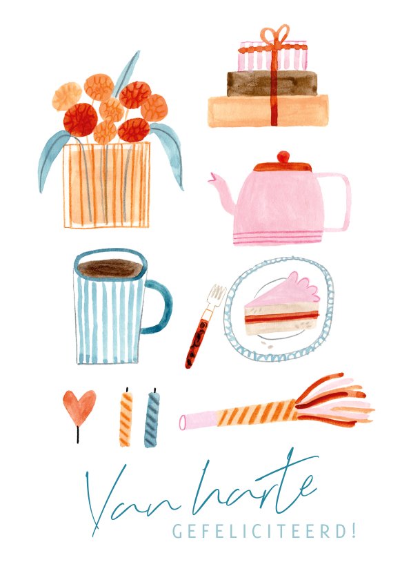 Verjaardagskaart roze cadeaus thee en bloemen | Kaartje2go