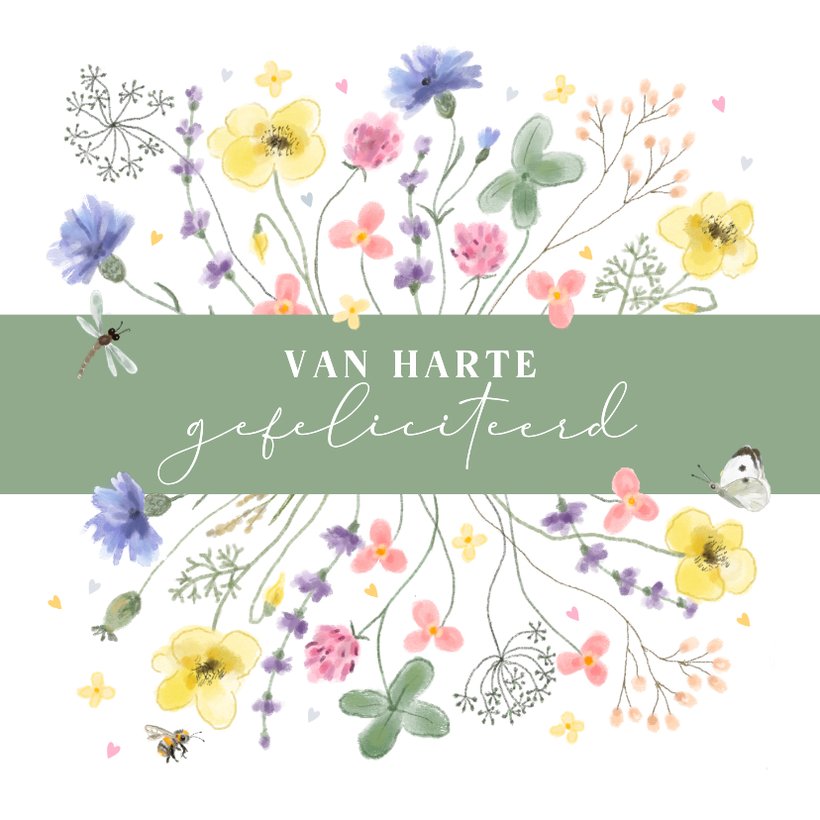 Verjaardagskaart veldbloemen met groene balk | Kaartje2go