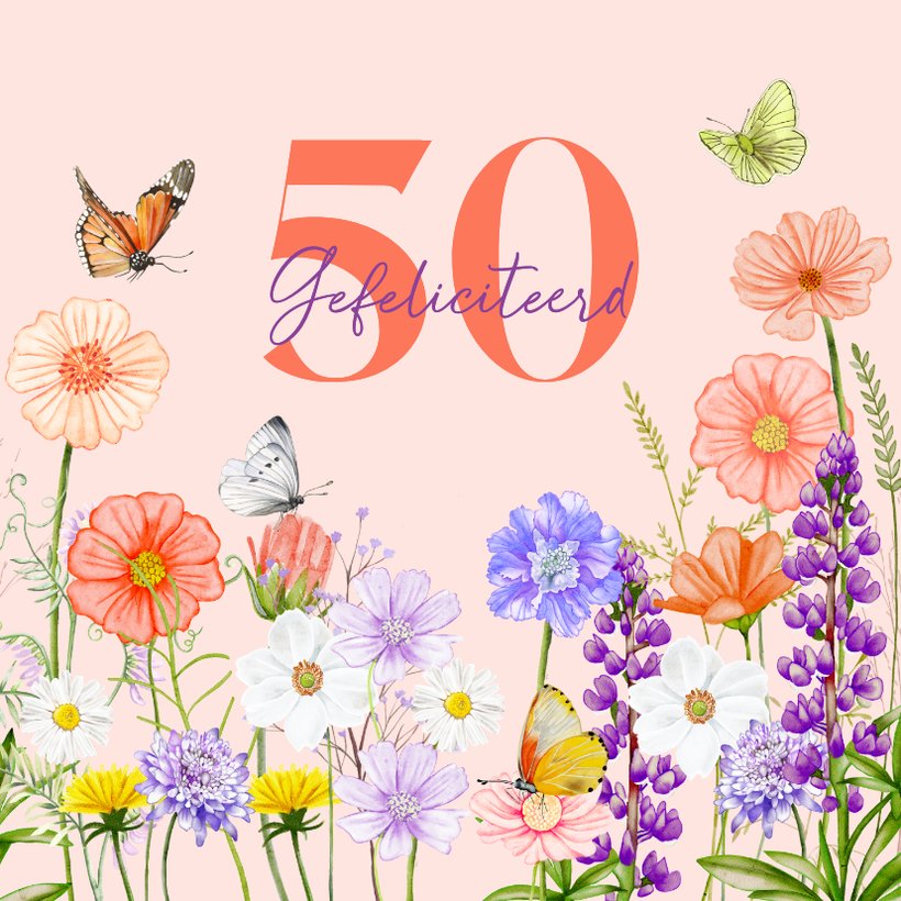 Verjaardagskaart veldbloemen met vlinders | Kaartje2go