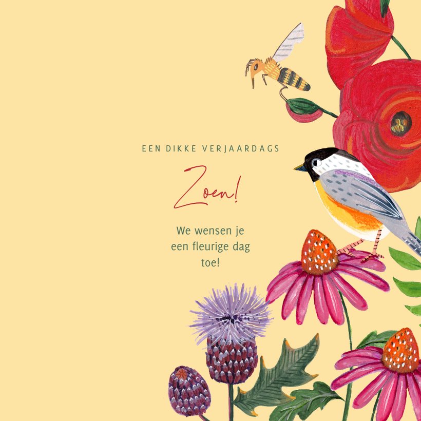 Verjaardagskaart veldbloemen vogel vlinder bij | Kaartje2go