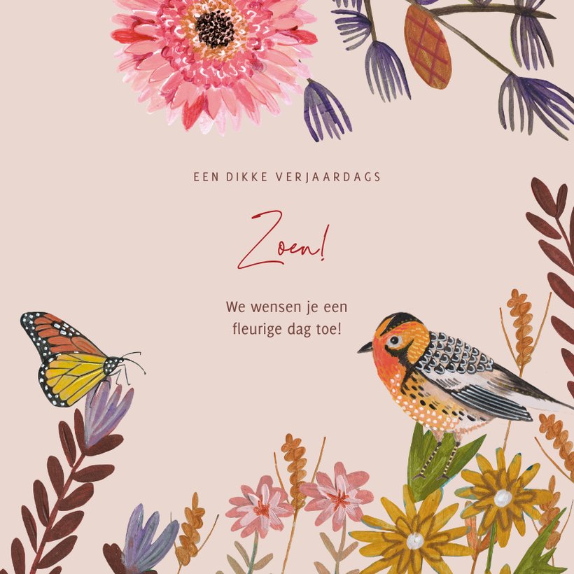 Verjaardagskaart veldbloemen vogel vlinder | Kaartje2go