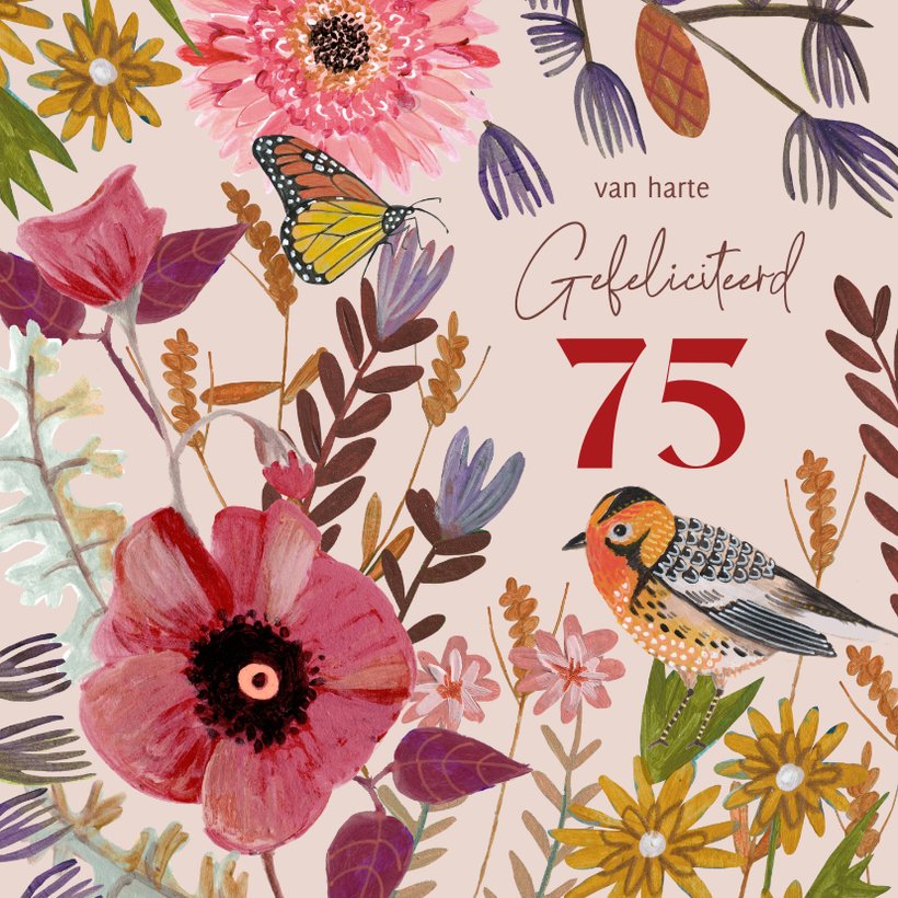 Verjaardagskaart veldbloemen vogel vlinder | Kaartje2go