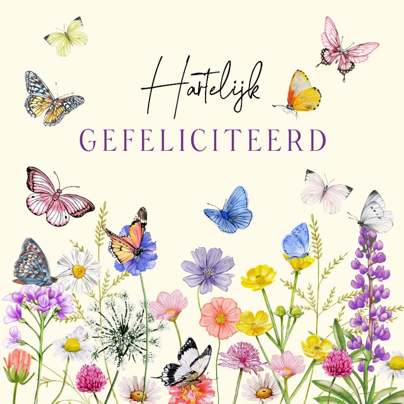 Verjaardagskaart vlinders op veldbloemen | Kaartje2go