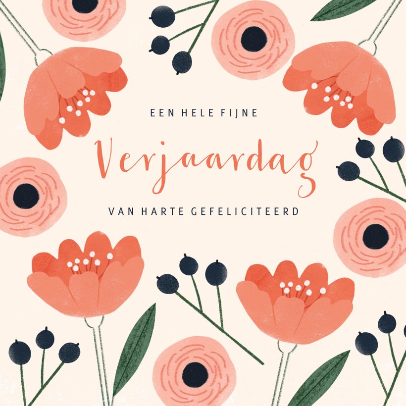 Verjaardagskaart vrouw roze bloemen en blauwe | Kaartje2go