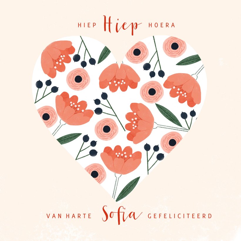 Verjaardagskaart vrouw roze bloemen in hart met | Kaartje2go