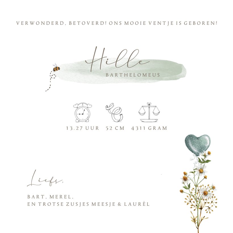 Vierkant geboortekaartje derde kindje met | Kaartje2go