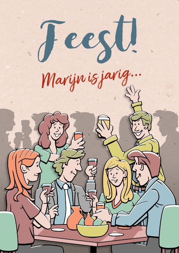 Vlotte verjaardagskaart met feestende mensen | Kaartje2go