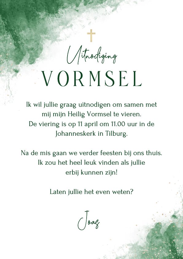 Vormsel uitnodigingskaart waterverf donkergroen | Kaartje2go