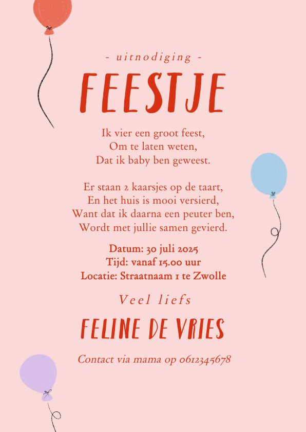 Vrolijk roze kinderfeestje uitnodiging met foto | Kaartje2go