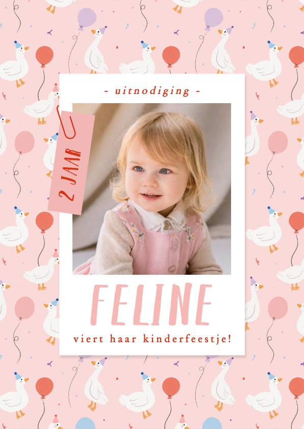 Vrolijk roze kinderfeestje uitnodiging met foto | Kaartje2go