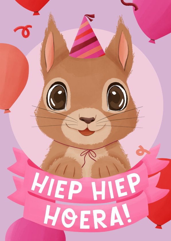 Vrolijk verjaardagskaartje eekhoorn roze | Kaartje2go