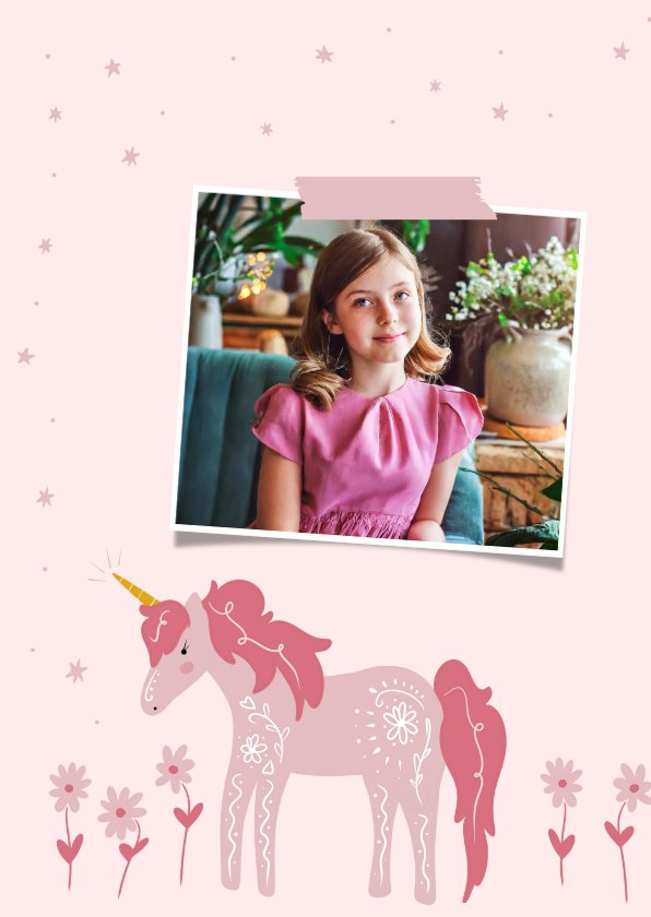 Vrolijke roze communiekaartje met eenhoorn en | Kaartje2go
