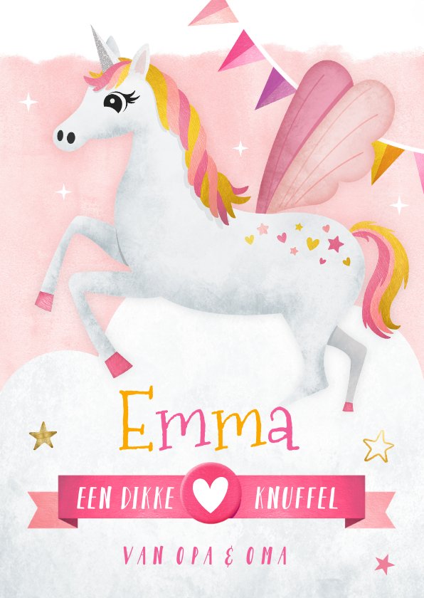 Vrolijke roze kinderkaart met eenhoorn voor een | Kaartje2go