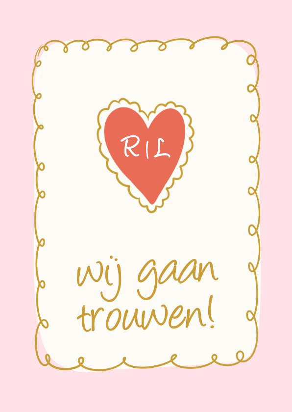 Vrolijke trouwkaart met roze kader hartje en | Kaartje2go
