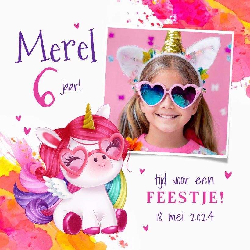 Vrolijke uitnodiging kinderfeestje eenhoorn | Kaartje2go