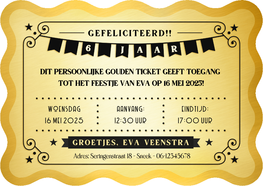 Gouden ticket uitnodiging kaart kinderfeestje | Kaartje2go