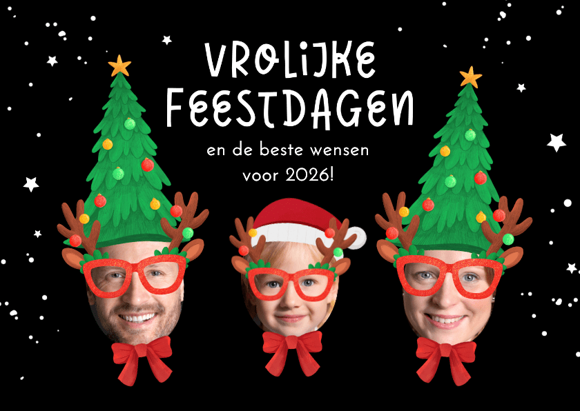 Kerstkaart vrolijke feestdagen kerstmuts bril | Kaartje2go