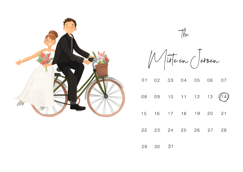 Save the date cartoon bruidspaar fiets kalender | Kaartje2go