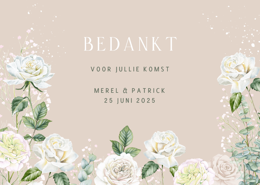 Trouwkaart bedankt witte rozen met koperfolie | Kaartje2go