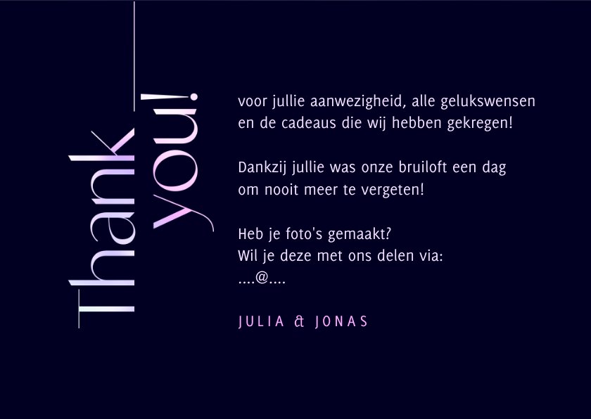 Bedankkaart holografisch trouwen foto thank you | Kaartje2go