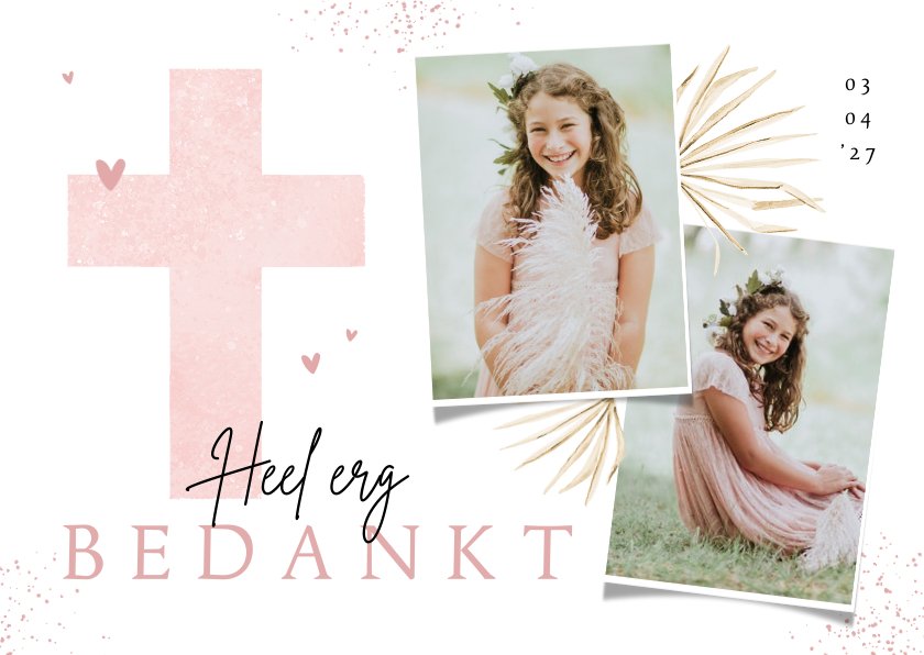 Communiefeest bedankkaart kruis roze bohemian | Kaartje2go