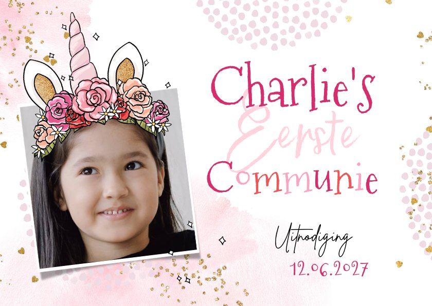 Communiefeest meisje uitnodiging unicorn | Kaartje2go