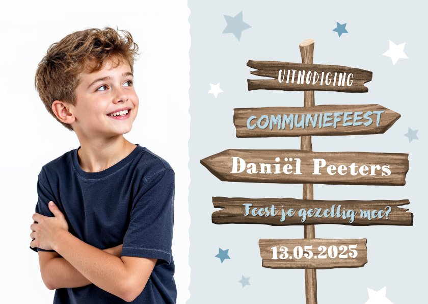 Communiefeest uitnodiging stoer wegwijzers hout | Kaartje2go