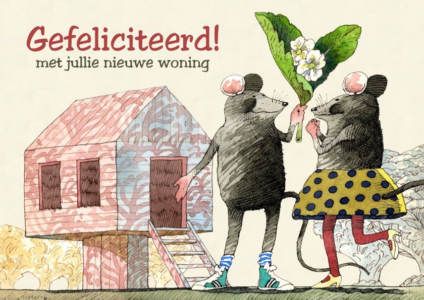 Felicitatiekaart van twee muizen met bloemen | Kaartje2go