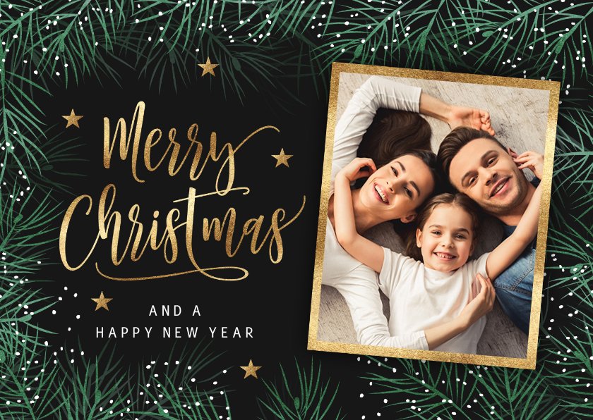 Foto kerstkaart met kersttakken en gouden frame | Kaartje2go