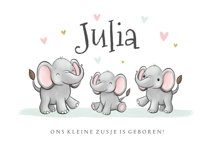 Geboortekaartje olifantjes hartjes waterverf | Kaartje2go