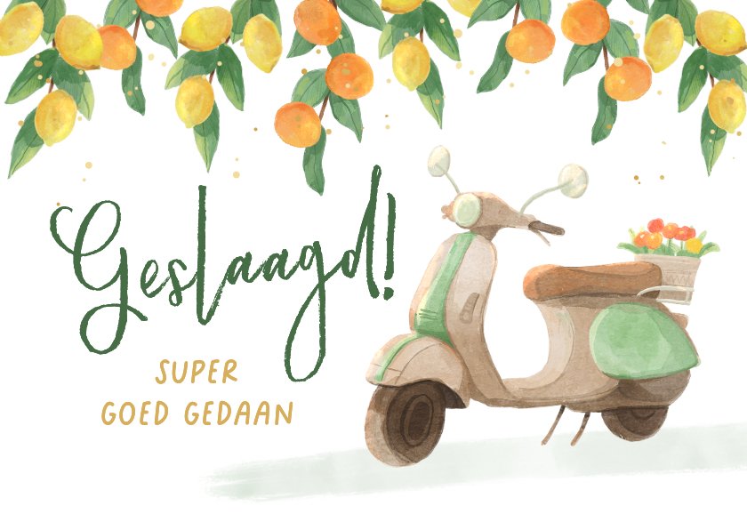 Geslaagd bromfiets scooter illustratie | Kaartje2go