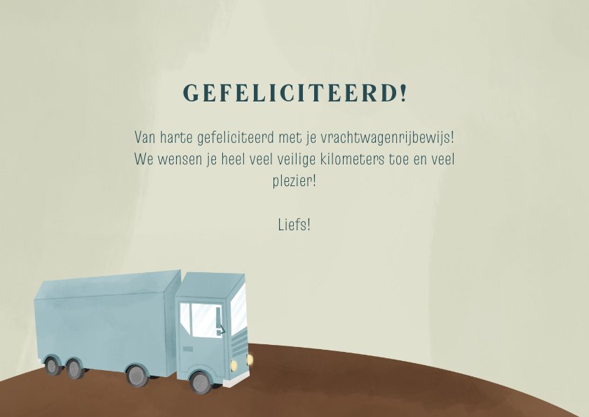 Geslaagd rijbewijs met illustratie vrachtwagen | Kaartje2go