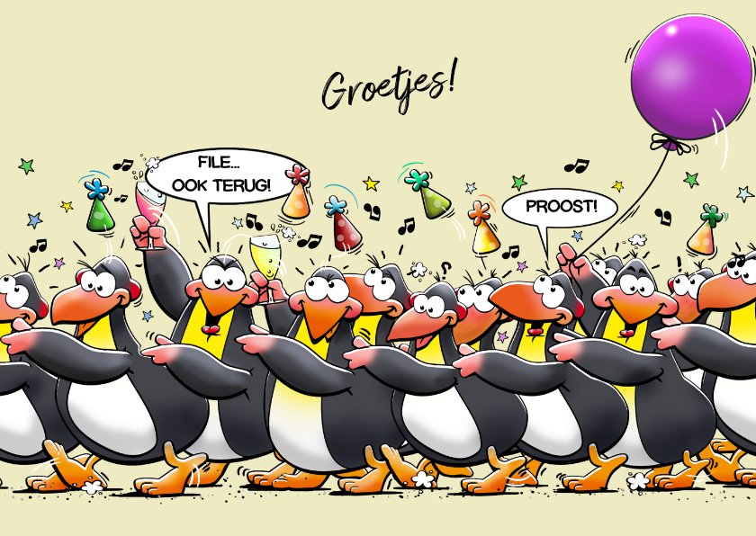 Grappige felicitatiekaart pinguïns met ballon | Kaartje2go