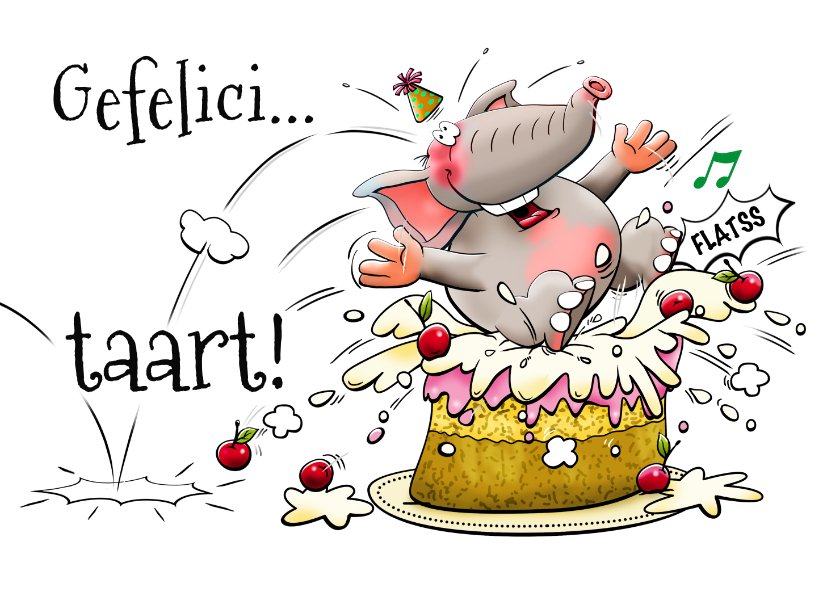 Grappige kaart olifant die in de taart springt | Kaartje2go