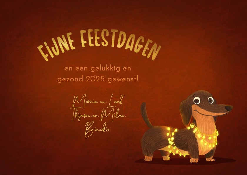 Kerstkaart vrolijk teckel hond lichtpuntjes | Kaartje2go