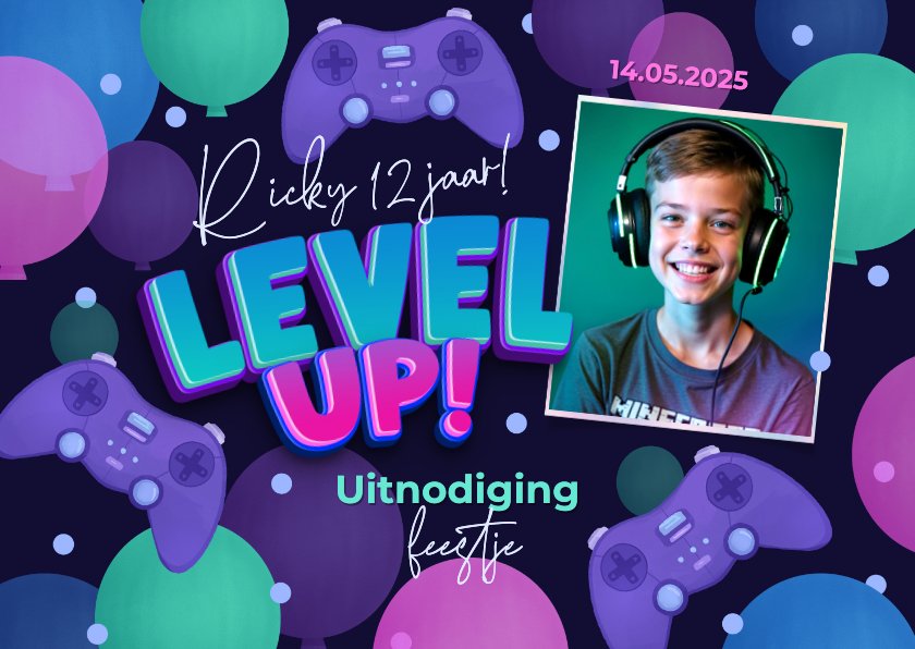 Kinderfeestje uitnodiging game party level up | Kaartje2go