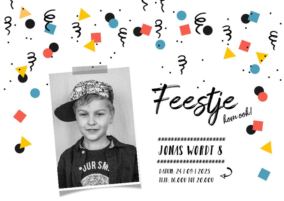Kinderfeestje uitnodiging jongen confetti | Kaartje2go