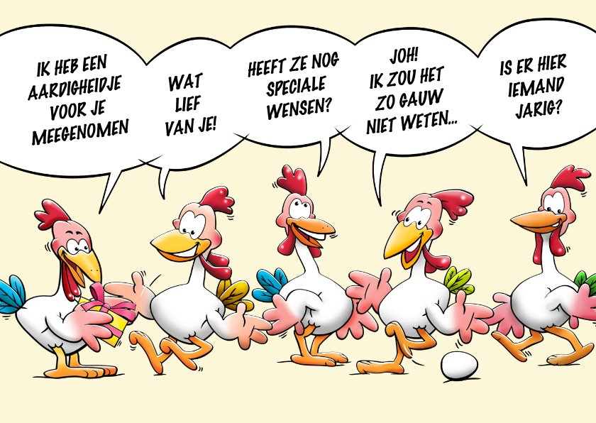 Leuke verjaardagskaart, 5 kippen vieren samen | Kaartje2go