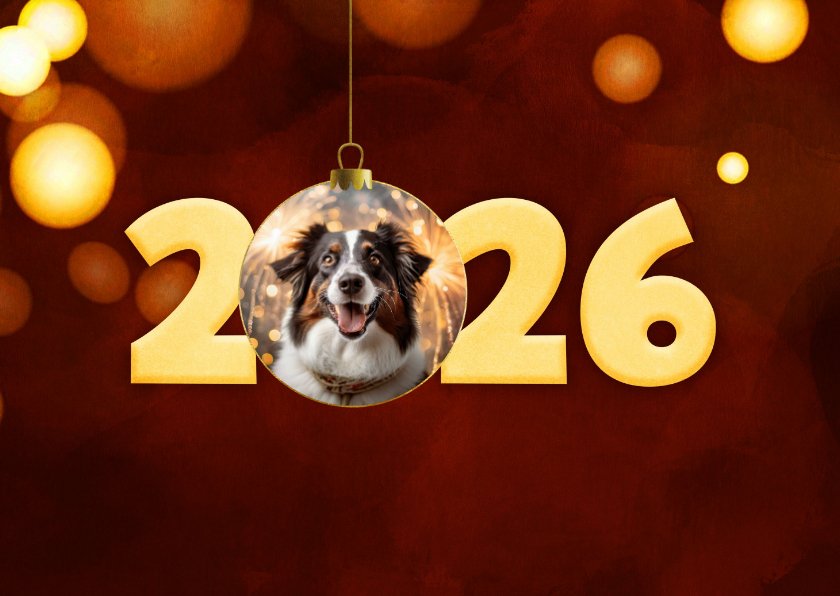 Nieuwjaarskaart modern 2026 rood kerstbal goud | Kaartje2go