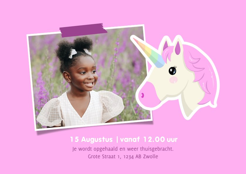 Roze kinderfeestje uitnodiging met foto en | Kaartje2go