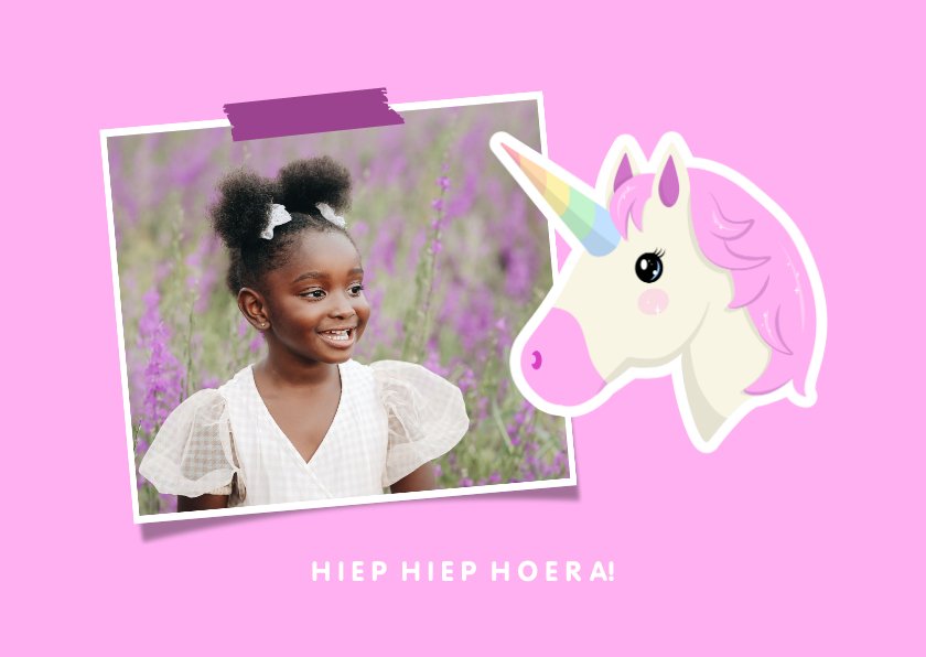 Roze verjaardagskaartje met foto en eenhoorn | Kaartje2go