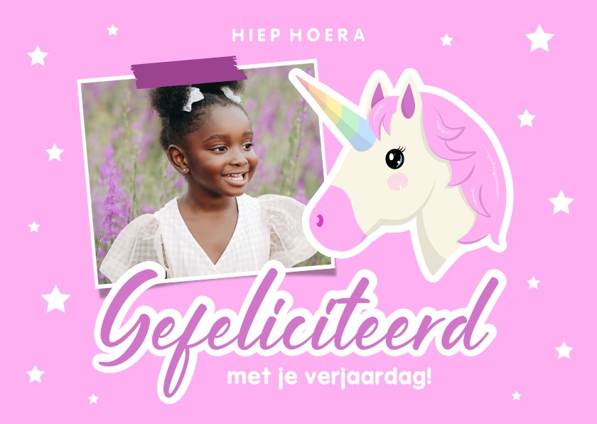 Roze verjaardagskaartje met foto en eenhoorn | Kaartje2go