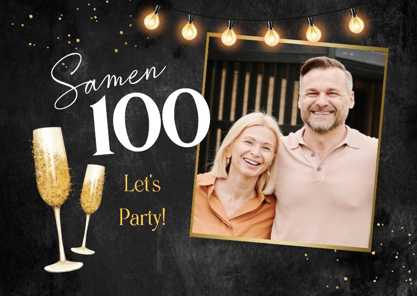 Samen 100 feestje uitnodiging goud folieballon | Kaartje2go