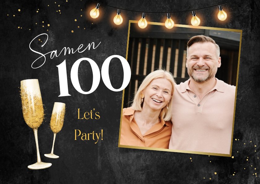 Samen 100 feestje uitnodiging goud folieballon | Kaartje2go