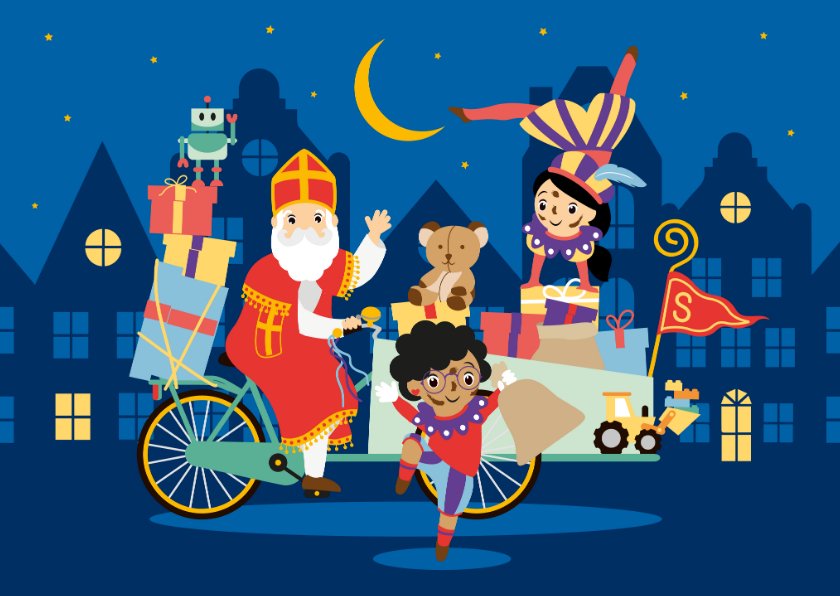Sinterklaaskaart sint en pieten in bakfiets | Kaartje2go
