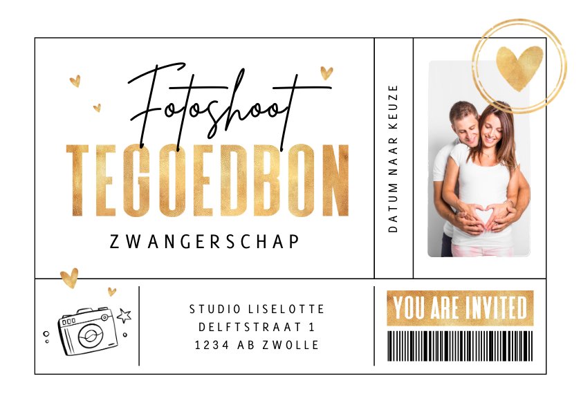 Tegoedbon fotoshoot ticket foto hartjes goud | Kaartje2go