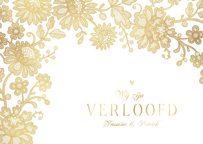 Trouwkaart verloofd vintage kant goud bloemen | Kaartje2go