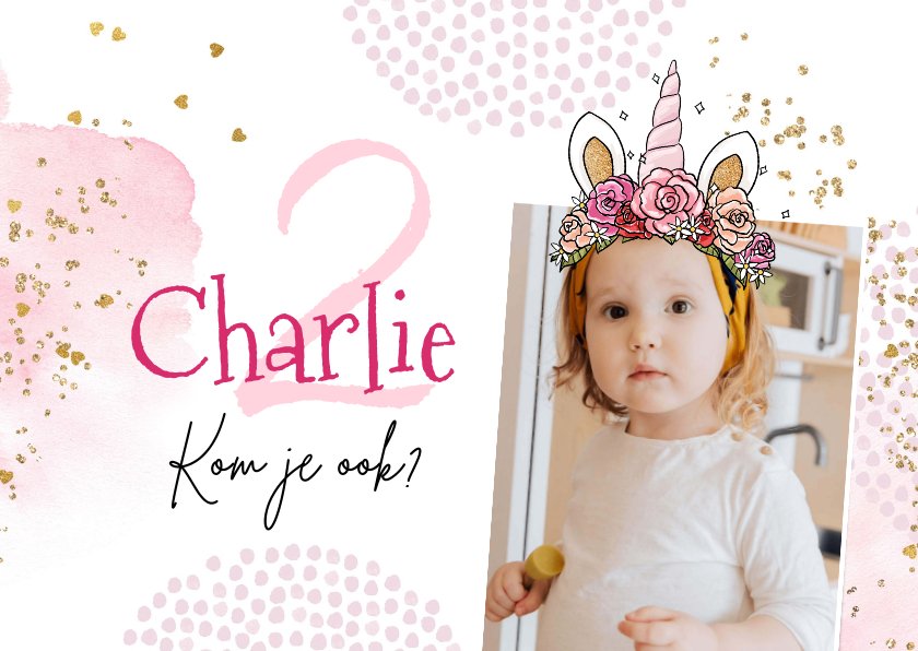 Uitnodiging kinderfeestje eenhoorn kroon foto | Kaartje2go