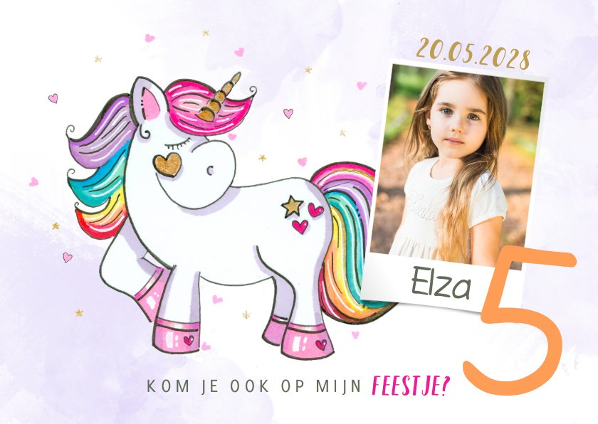 Uitnodiging kinderfeestje meisje unicorn lila | Kaartje2go
