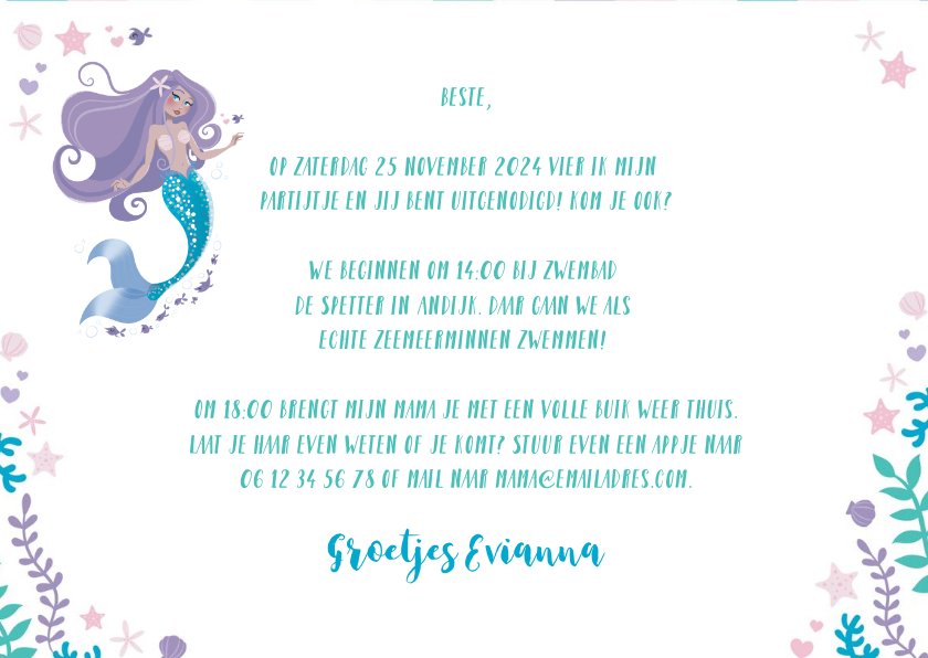 Uitnodiging kinderfeestje meisje zeemeermin | Kaartje2go